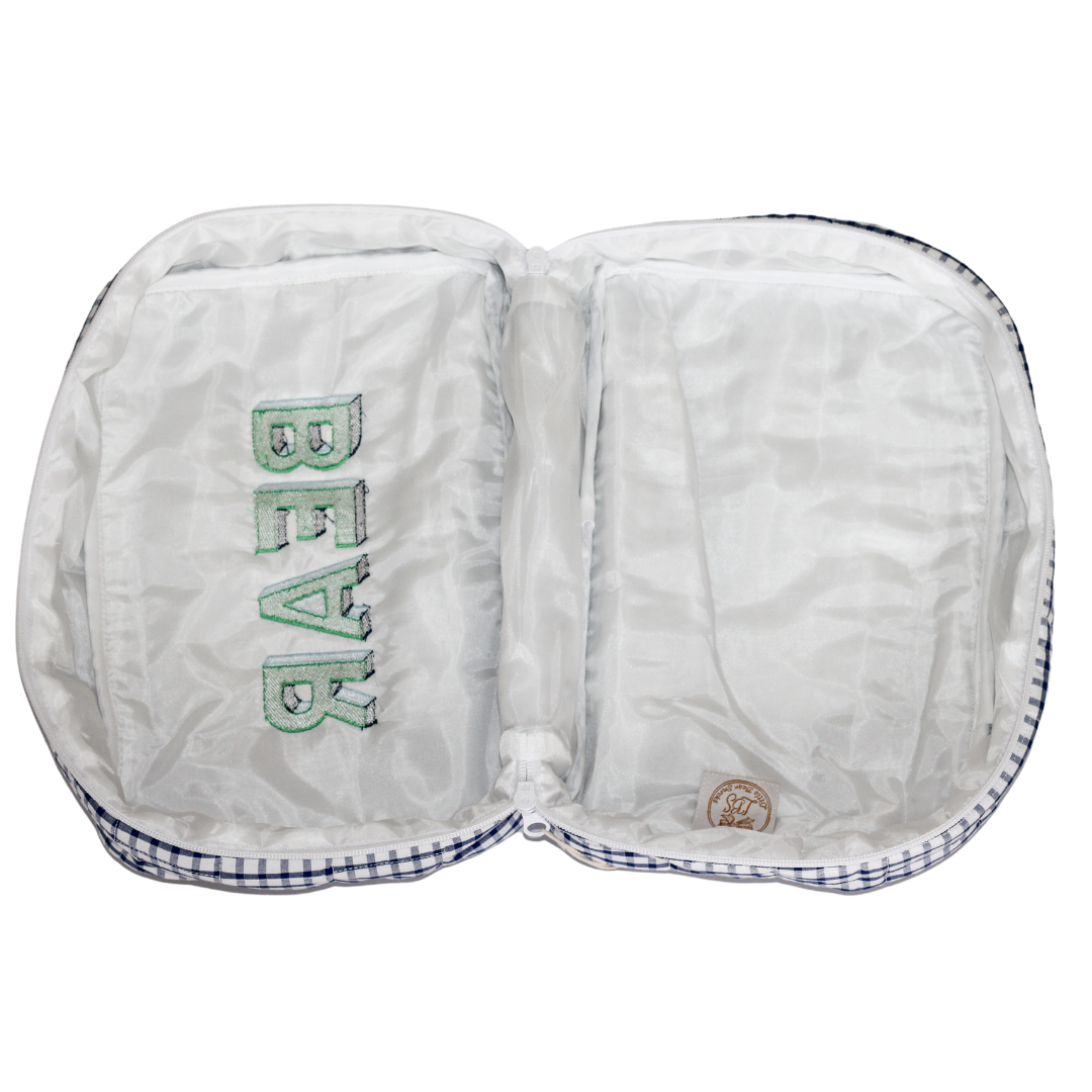 BLUE PLAID & NAVY LARGE ZIPPERED POUCH – Little Bear Smocks