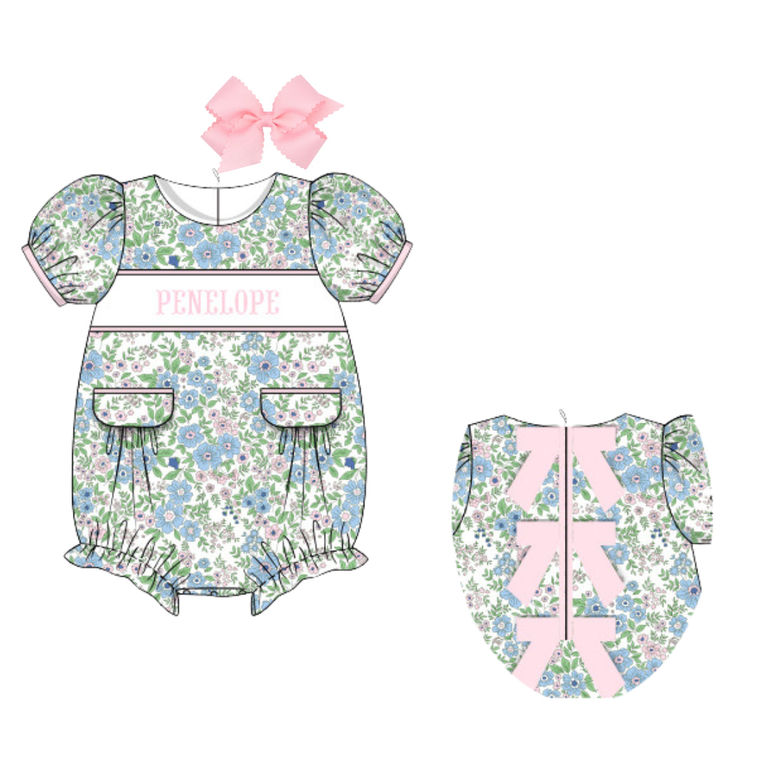 PINK & BLUE FLORAL NAME SMOCK BUBBLE – Little Bear Smocks